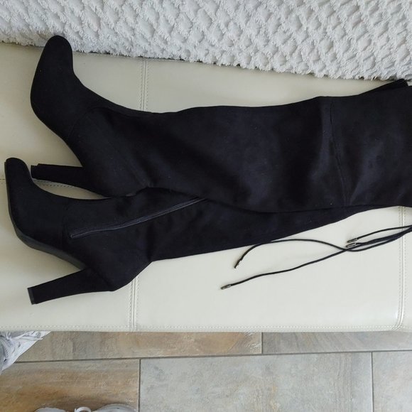 Source Unknown | Shoes | Over The Knee Black Faux Suede Heeled Boots ...